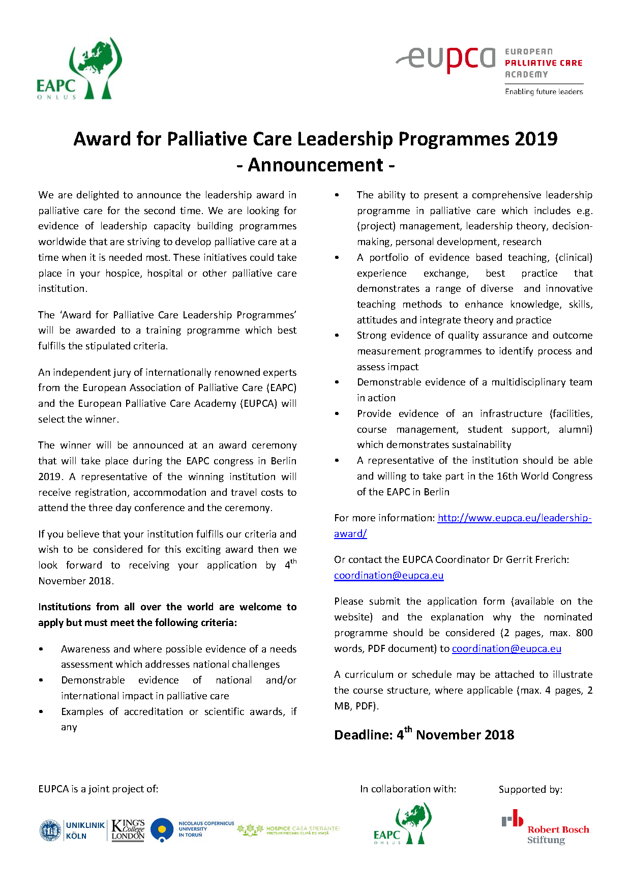 Award for Palliative Care Leadership Programmes 2019 - APHN